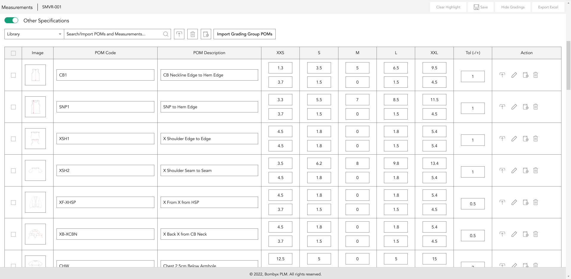 Measurements - With Grading - Products | Bombyx PLM